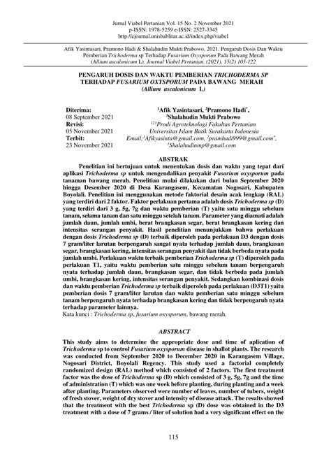 Pdf A The Effect Of Dose And Time Of Administration Of Trichoderma Sp On Fusarium Oxysporum On