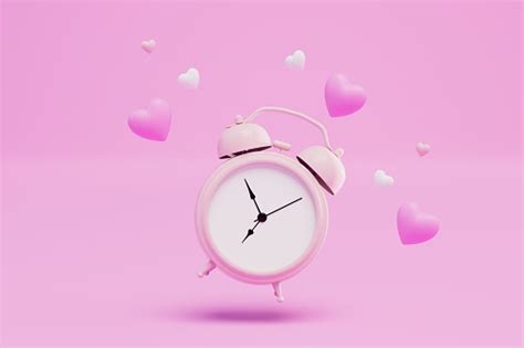 사랑을위한 시간 알람 시계와 파스텔 배경을 가로질러 날아가는 분홍색과 흰색 하트 3d 렌더링 고풍스런에 대한 스톡 사진 및 기타
