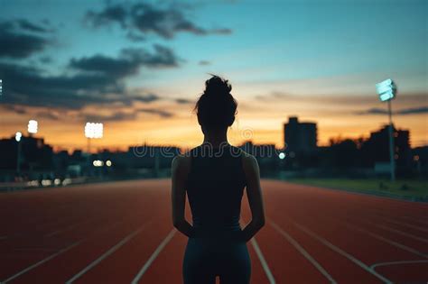 Female Athlete Ready To Sprint At Stadium Start Line Stock Image Image Of Event Confident