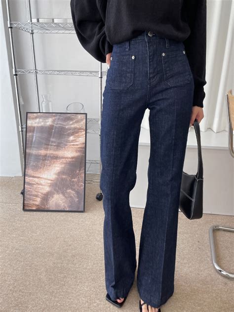 1월8일 프리미엄진 하이웨스트 앞 포켓 세미 부츠컷 생지 롱 데님 팬츠 위시버킷