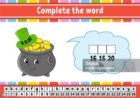 단어를 완성합니다 암호 코드입니다 어휘와 숫자를 학습 모자에 금냄비 교육 워크 시트 영어 공부를 위한 활동 페이지 격리된 벡터