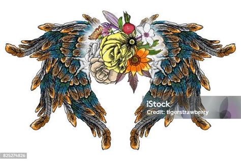 Blackwork 문신 요소 흰색 배경에 고립입니다 문신 플래시 아기 T 셔츠 스티커 스타일입니다 날개 고 피 릴리 장미 여성의 스타일에 그리기 천사 또는 새 꽃 날개