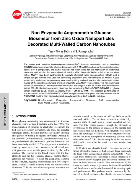 Pdf Non Enzymatic Amperometric Glucose Biosensor From Zinc Oxide Nanoparticles Decorated Multi
