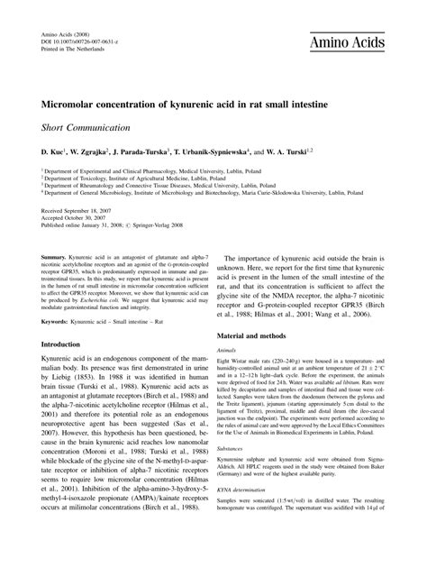 Pdf Micromolar Concentration Of Kynurenic Acid In Rat Small Intestine