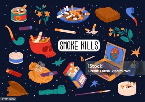 담배 흡연을 주제로 한 스티커 세트 다양한 종류의 넘쳐나는 재떨이 나쁜 습관 건강에 해로운 생활 방식 흡연자의 액세서리 흰색 배경에 분리된 벡터 개체입니다 일러스트레이션에