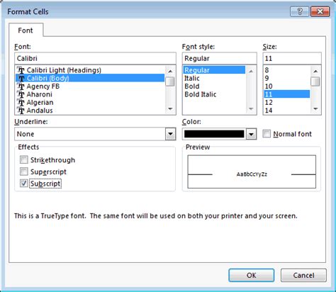 Ms Excel 2016 Create A Subscript Value In A Cell