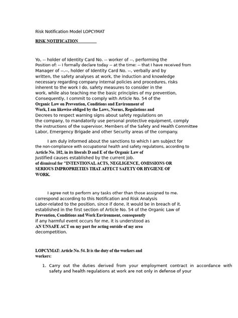 Risk Notification Model Lopcymat Pdf Occupational Safety And Health