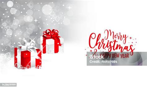 눈 속에 빨간색과 흰색 리본이있는 크리스마스 선물 강설량 눈송이 및 별이있는 겨울 마법의 휴가 풍경 크리스마스와 새해 인사말 카드 12월에 대한 스톡 벡터 아트 및 기타