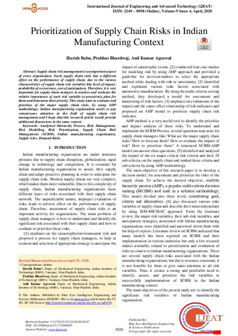 Pdf Prioritization Of Supply Chain Risks In Indian Manufacturing Context