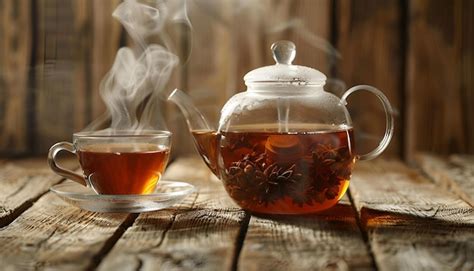 Hot Tea In Glass Teapot And Cup With Steam On Wood Background Premium