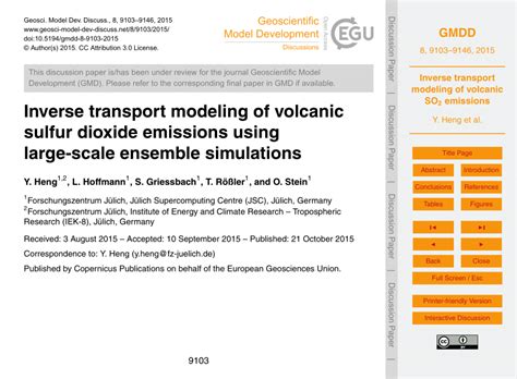 Pdf Inverse Transport Modeling Of Volcanic Sulfur Dioxide Emissions Using Large Scale Ensemble