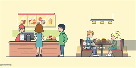 선형 평면 몇 먹는 햄버거와 감자 튀김 벡터 일러스트 레이 션 바에 음식을 주문 하는 고객 웨이터 남자 여자 클라이언트 문자 패스트 푸드 개념입니다 계산원에 대한 스톡 벡터