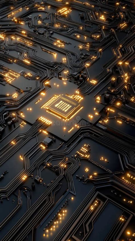 Abstract Circuit Board Design Showcases Glowing Golden Elements And A Prominent Black Circle