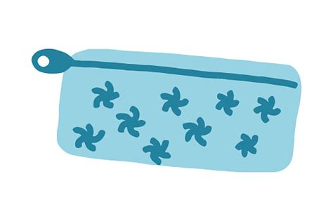 보라색 꽃 패턴이 있는 파란색 연필 케이스는 흰색 배경에 고립되어 있습니다 학용품 문구류 귀여운 디자인 학생 필수품의 컨셉 정리와 보관을 위한 지퍼 파우치 가방에 대한 스톡