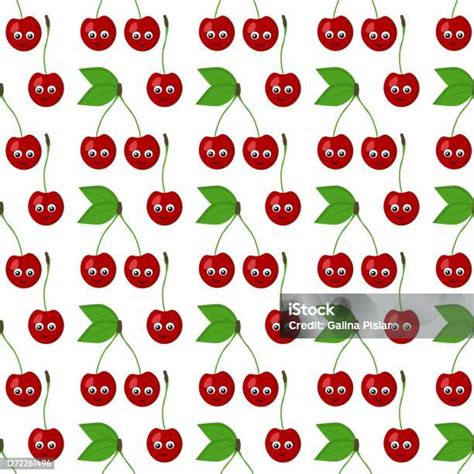 밝은 빨간 체리와 흰색 배경에 귀여운 눈으로 잎매끄러운 패턴 침대 린넨과 직물 포장지 및 벽지에 대한 과일 인쇄 인쇄 스톡 벡터 일러스트레이션 0명에 대한 스톡 벡터 아트