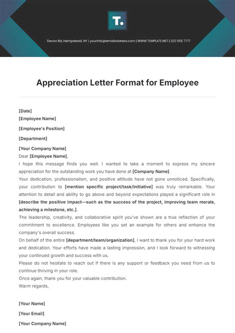 Free Appreciation Letter Format For Employee Template To Edit Online