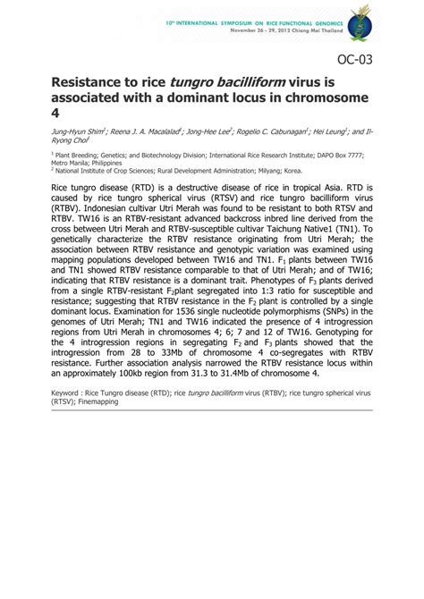 Pdf Resistance To Rice Tungro Bacilliform Virus Is Associated With A