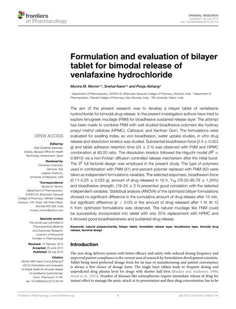 Pdf Formulation And Evaluation Of Bilayer Tablet For Bimodal Release