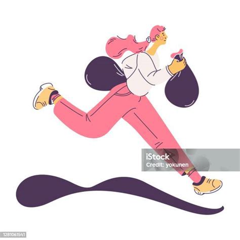 쓰레기로 조깅하는 여자 흰색으로 격리된 플랫 윤곽선 문자 달리기에 대한 스톡 벡터 아트 및 기타 이미지 달리기 플로깅 사람들 Istock