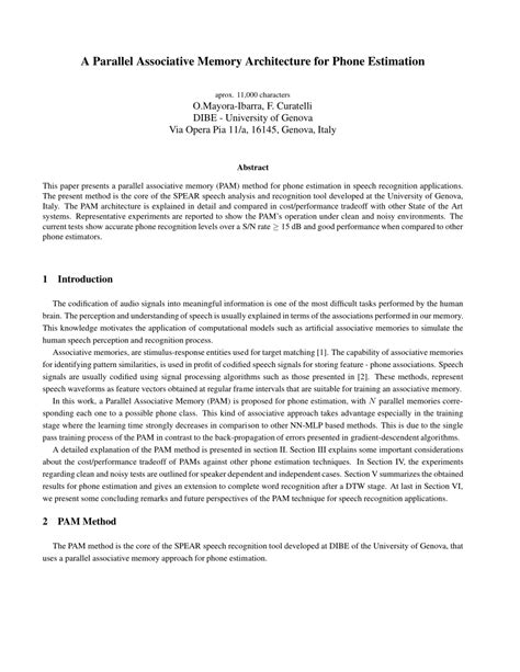 Pdf A Parallel Associative Memory Architecture For Phone Estimation