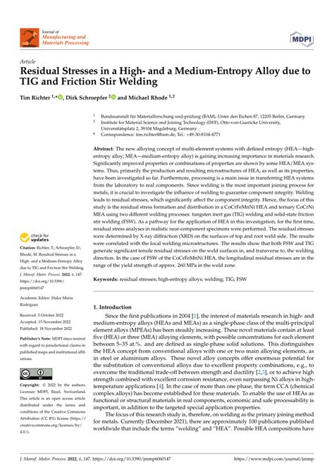 Pdf Residual Stresses In A High And A Medium Entropy Alloy Due To Tig And Friction Stir Welding