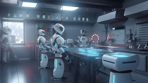 group of robots working in the high tech lab generative ai stock image
