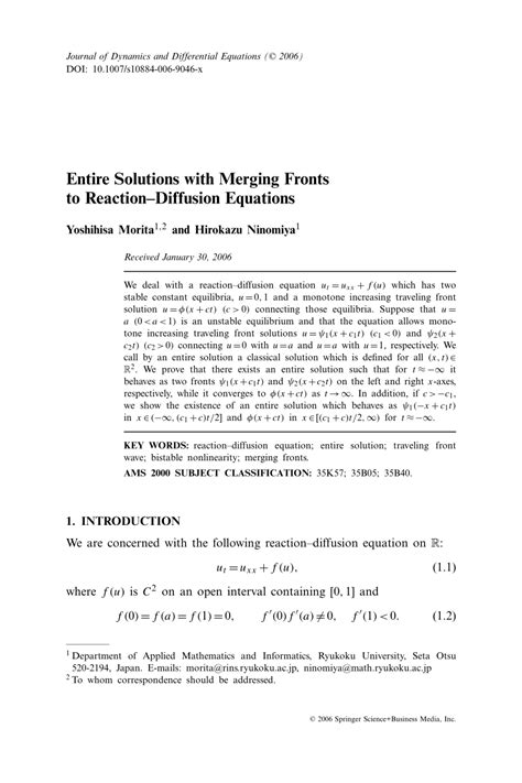Pdf Entire Solutions With Merging Fronts To Reaction Diffusion Equations
