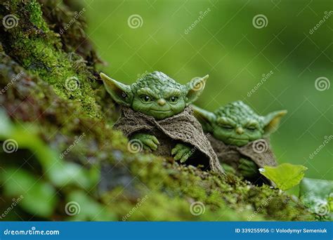 Two Small Goblins Resting On A Mossy Tree Trunk In A Lush Forest During