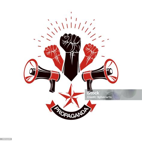 강한 남자와 라우드 하일러 장비의 주먹으로 만든 벡터 엠블럼 사람들은 자신의 권리와 자유를 위해 싸우는 시위 Championship에 대한 스톡 벡터 아트 및 기타 이미지