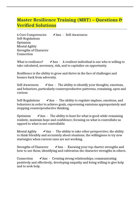 Master Resilience Training Mrt Questions And Verified Solutions Master Resilience Training