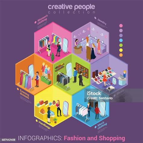 등각 투영 평면 3d 패션 쇼핑 몰 셀 추상 인테리어 룸 고객 클라이언트 구매자 노동자 직원 개념 벡터 Cells 컬렉션에서 크리에이 티브 비즈니스 사람입니다 고객에 대한