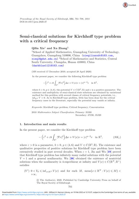 Pdf Semi Classical Solutions For Kirchhoff Type Problem With A Critical Frequency