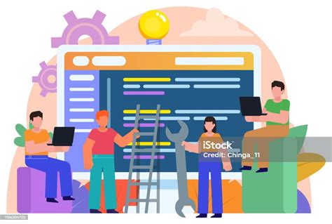 웹 사이트 응용 프로그램 소프트웨어 코딩 팀 사람들은 큰 화면 근처에 서 있다 웹 페이지 배너 소셜 미디어 프리젠 테이션포스터 개념에 대한 스톡 벡터 아트 및 기타 이미지