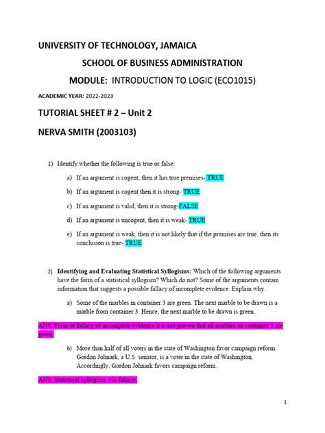 Tutorial Sheet 2 Correct Unit 2 1 1 Pdf Argument Fallacy