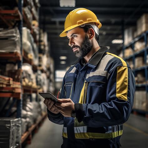 Premium Photo Man Is Looking In A Hardware Warehouse Standing Checking Supplies On His Tablet