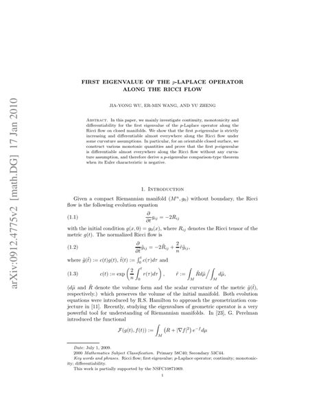 Pdf First Eigenvalue Of The P Laplace Operator Along The Ricci Flow