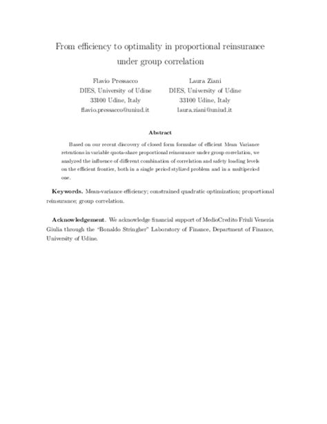 Pdf From Efficiency To Optimality In Proportional Reinsurance Under Group Correlation