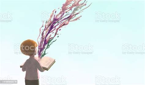 초현실적 인 책을 가진 소년 상상력 영감 어린이 어린이 동기 부여 자유 교육 및 학습의 개념 예술 컨셉 아트워크 그림 3d 그림입니다 개념에 대한 스톡 벡터 아트 및 기타