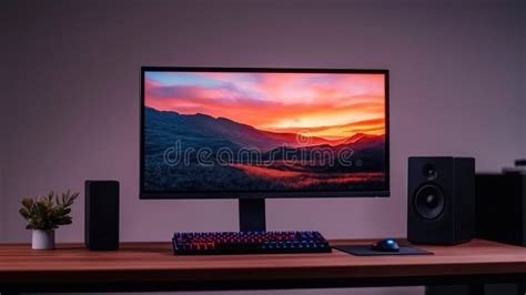Modern Computer Setup With Rgb Keyboard Colorful Desktop Background Tech Workstation On Wooden