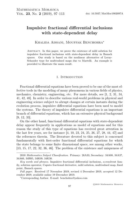 Pdf Impulsive Fractional Differential Inclusions With State Dependent Delay