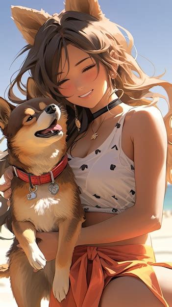 Premium Ai Image Beachside Bonding In Anime Art Girl And Dog Embrace