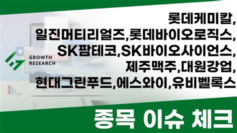 롯데케미칼일진머티리얼즈롯데바이오로직스sk팜테코sk바이오사이언스제주맥주대원강업현대그린푸드에스와이유비벨록스 종목이슈체크 Youtube