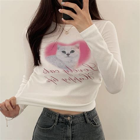 옆셔링 [1 1할인] 썬트 기본핏 고양이 프린팅 크롭 셔링 긴팔티 2color [y2k 가을신상 슬림긴팔티 키치 레이어드