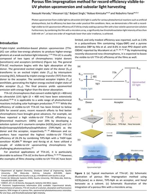 Porous Film Impregnation Method For Record Efficiency Visible To Uv Photon Upconversion And