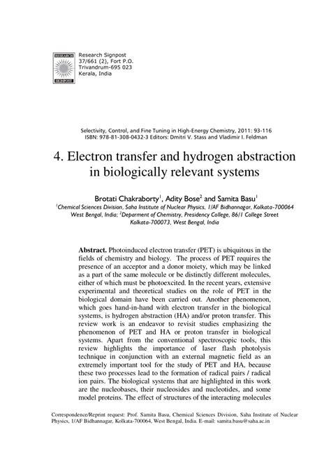 Pdf Electron Transfer And Hydrogen Abstraction In Biologically Relevant Systems