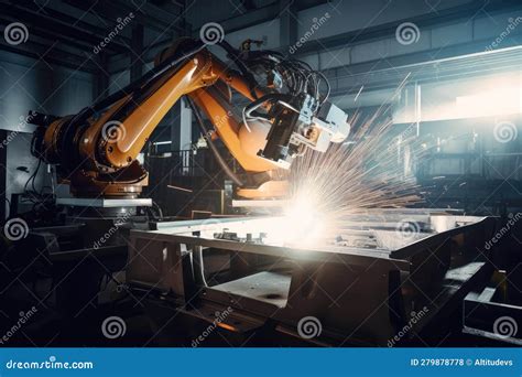 Robot Welding Together Parts Of New Machine In Futuristic Factory