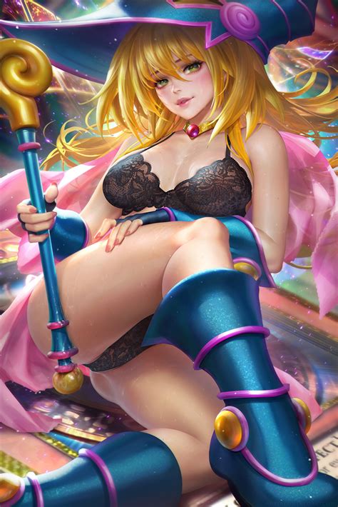 Rule 34 Blonde Hair Bra Dark Magician Girl Female Green Eyes Hat Legwear Level 5 Looking At