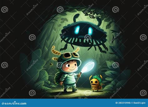 Tiny Man Directing A Large Firefly In The Forest At Night Stock Illustration Illustration Of
