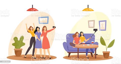 스마트 폰에 셀카를 만드는 재미 여자 친구 회사 여자 친구는 함께 시간을 보내고 사진 Brand Name Smart Phone에 대한 스톡 벡터 아트 및 기타 이미지