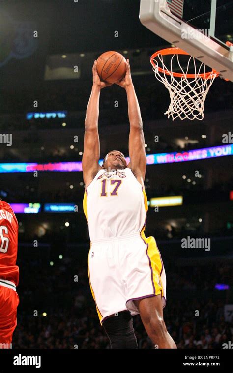 Los Angeles Lakers Center Andrew Bynum 17 Makes A Move With The